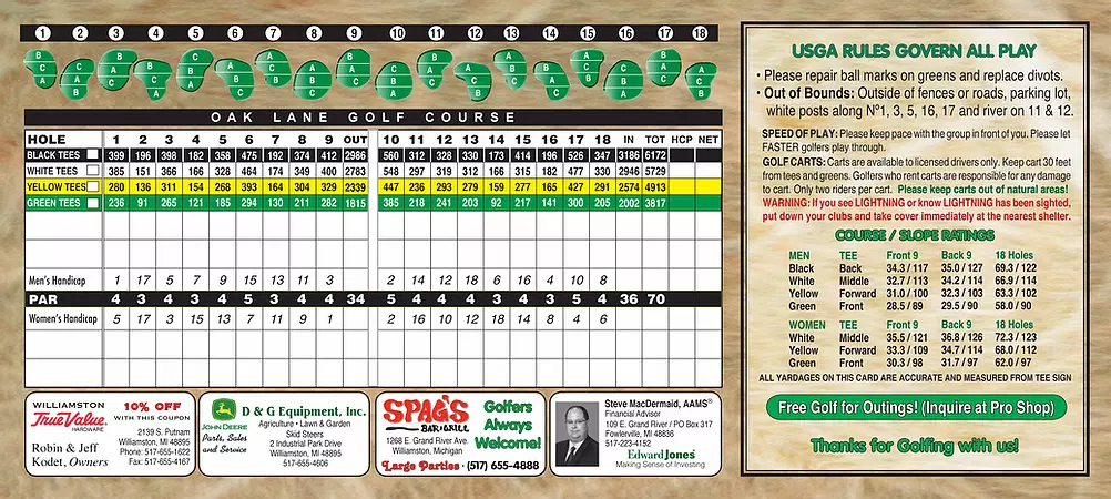 Scorecard - Oak Lane Golf Course