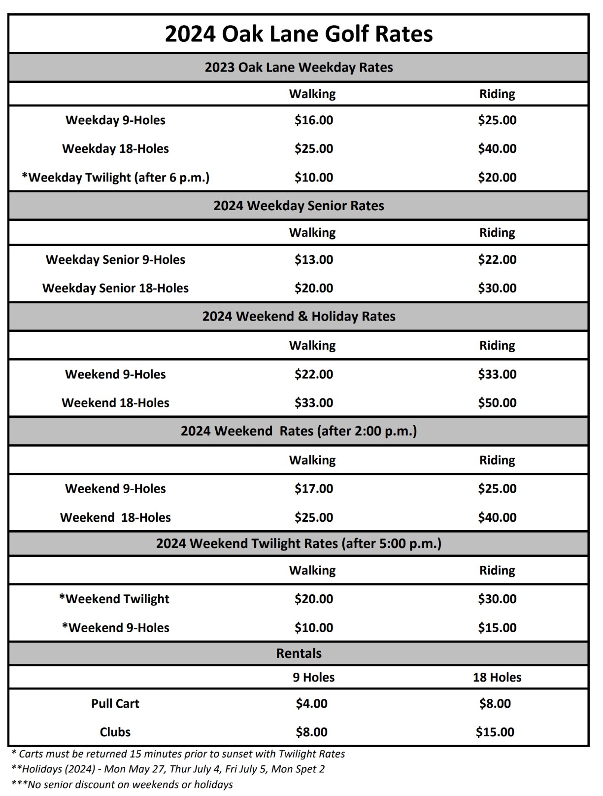 Golf Rates - Oak Lane Golf Course