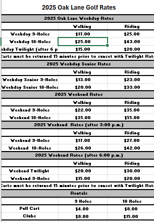 Golf Rates - Oak Lane Golf Course